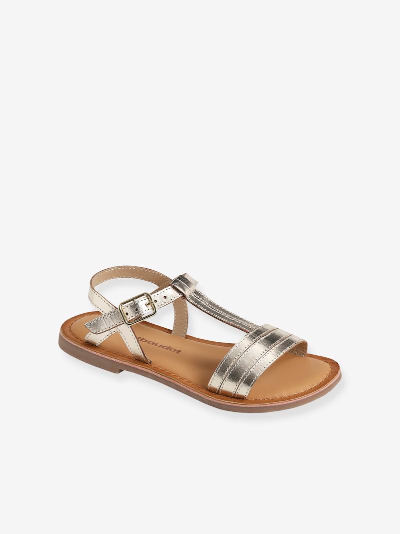 Leather Sandals for Girls - yellow light metallized, Shoes | Vertbaudet
