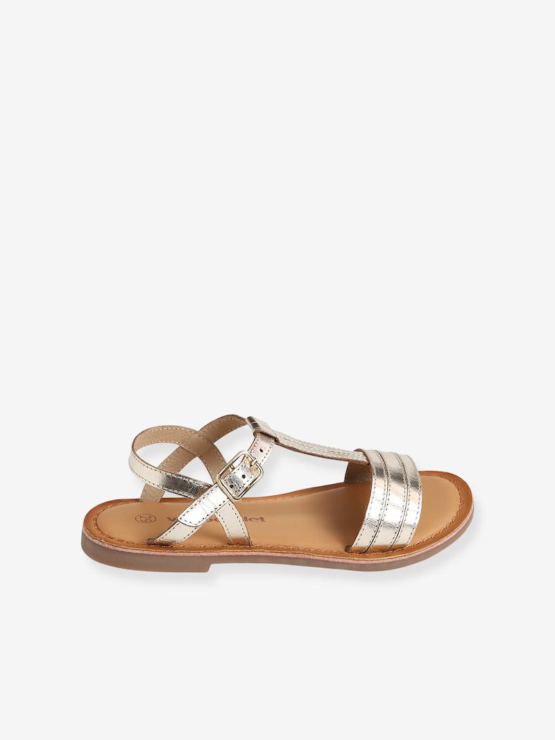 Leather Sandals for Girls - yellow light metallized, Shoes | Vertbaudet