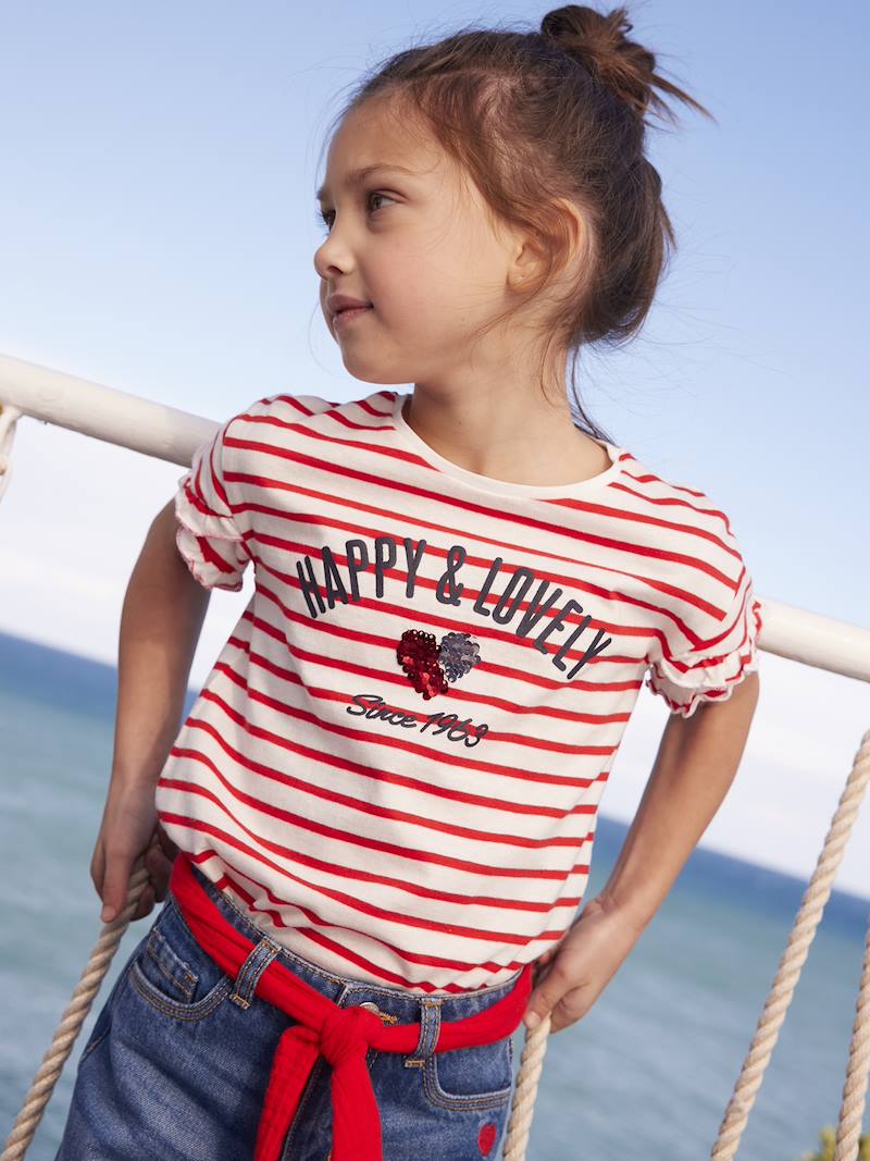 Striped T-Shirt, Sequinned Heart, for Girls - white medium striped ...