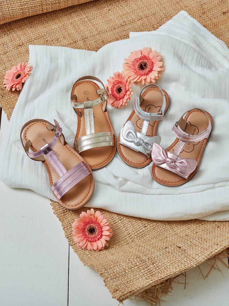 Leather Sandals for Girls - yellow light metallized, Shoes | Vertbaudet