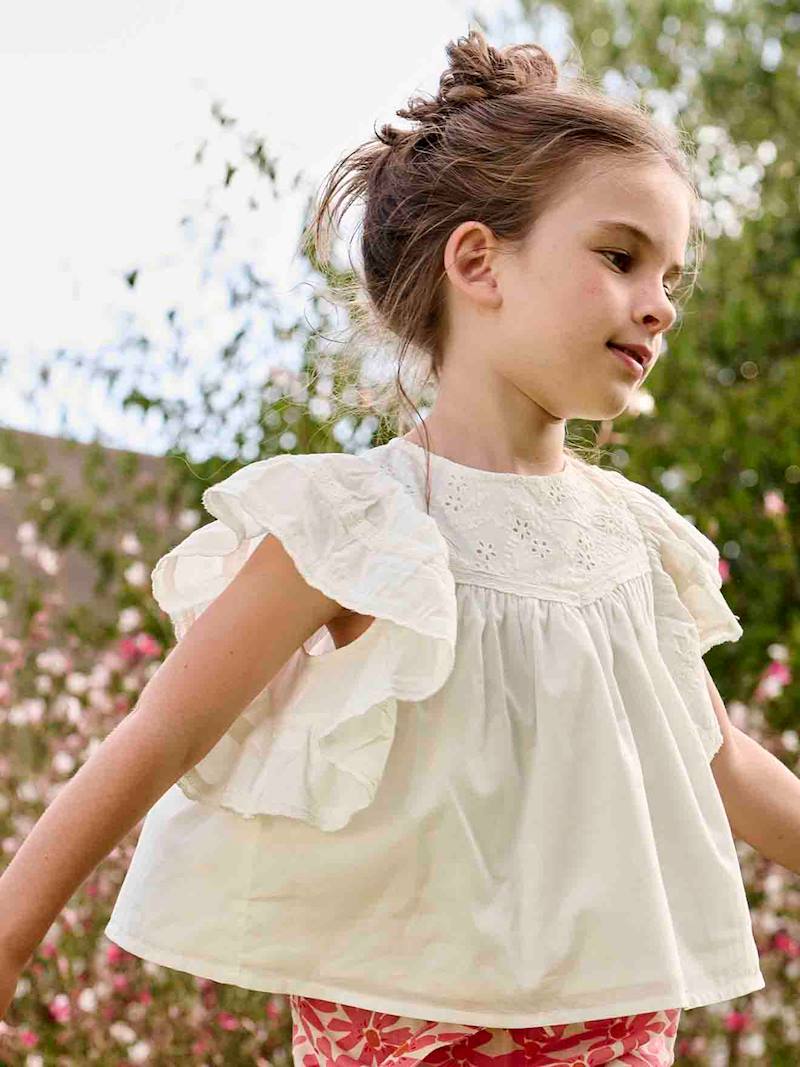Embroidered Ruffled Blouse for Girls - ecru, Girls | Vertbaudet